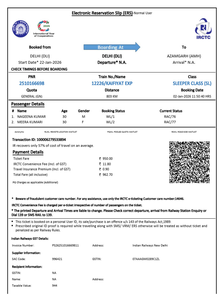 Electronic Reservation Slip for Train Booking | PDF