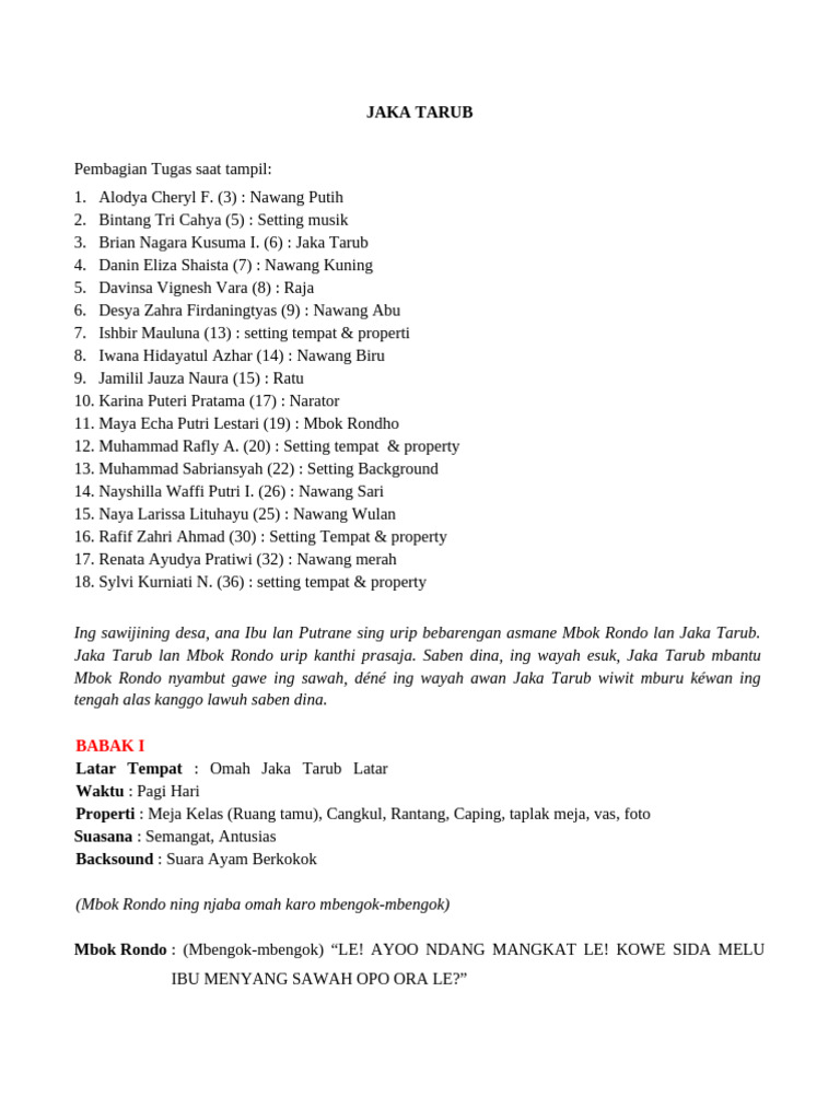 Pembagian Peran dalam Jaka Tarub | PDF