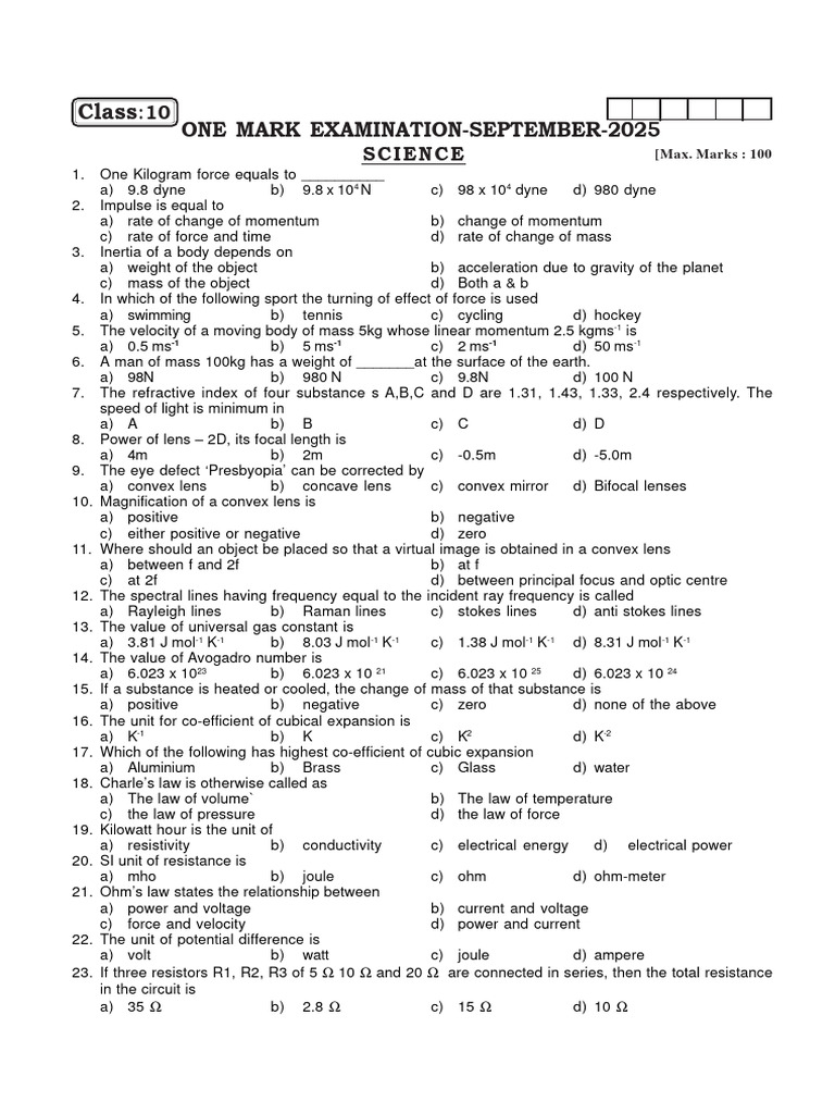 10th Science EM - September Month - One Marks Test 2025 - Question ...