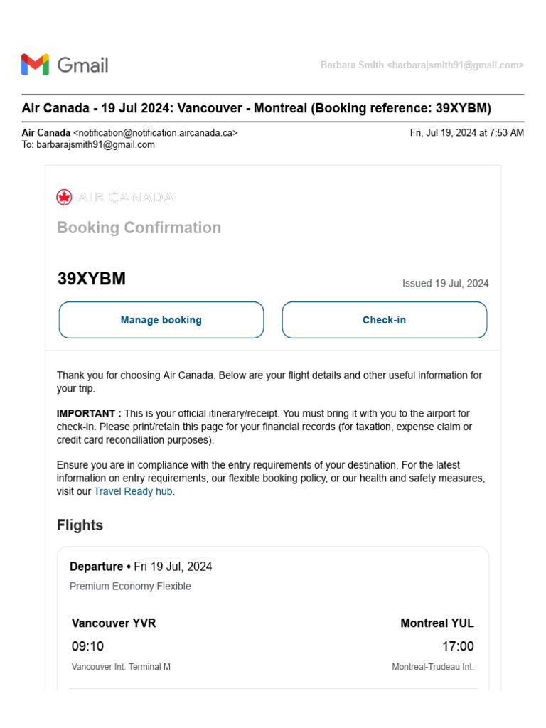 Air Canada - 19 Jul 2024: Vancouver - Montreal (Booking Reference ...