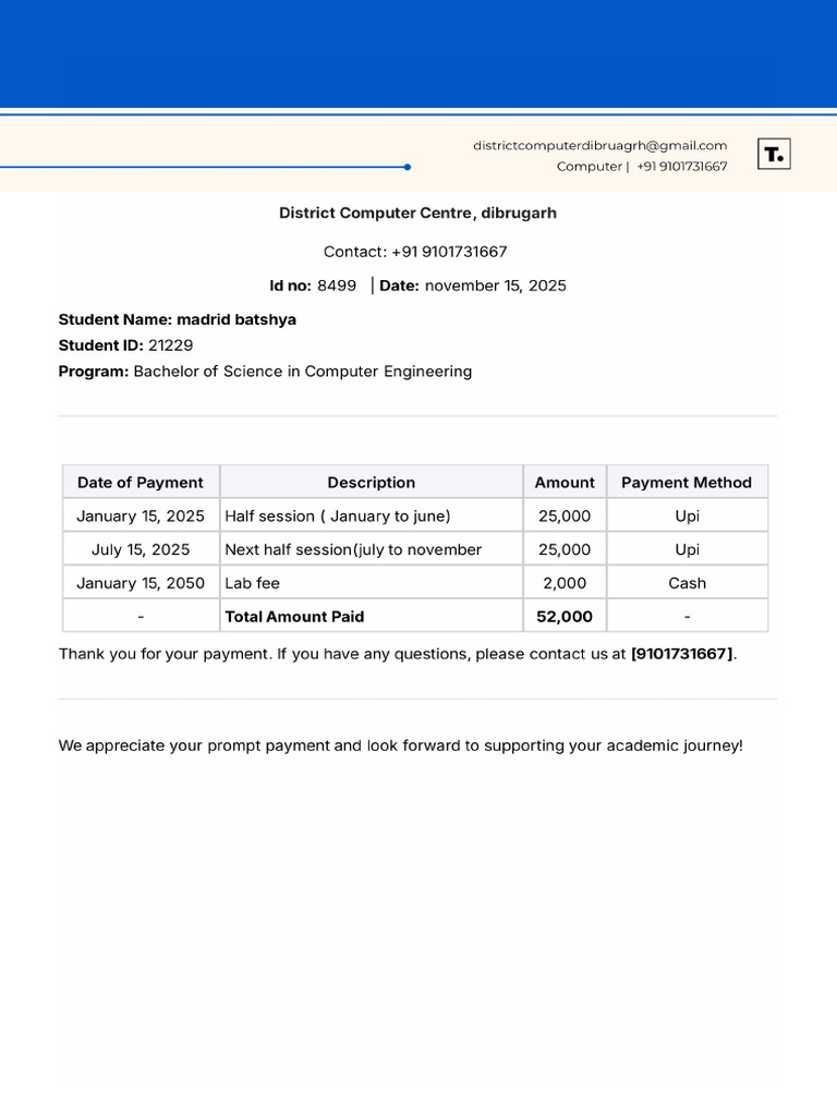 Student Payment Receipt Template | PDF