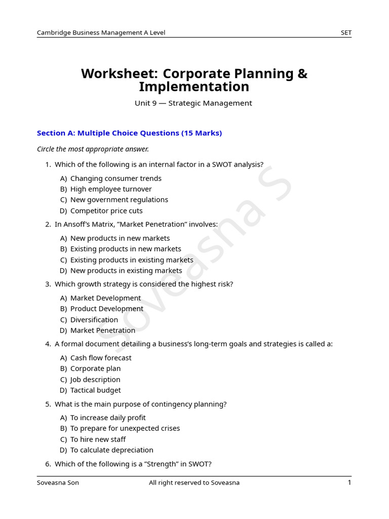 Unit 9 Worksheet | PDF | Strategic Management | Strategic Planning