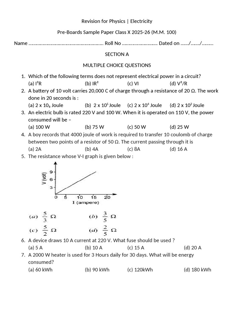 Class X Physics Electricity Revision Paper | PDF | Series And Parallel ...