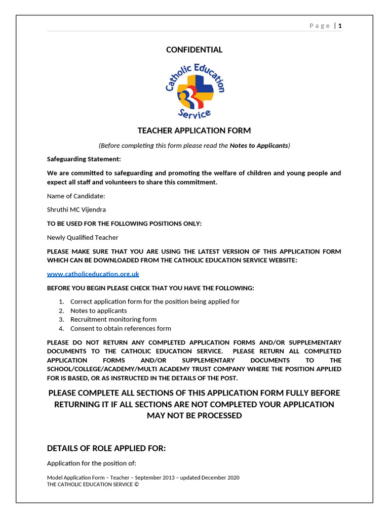 Teacher Application Form for Chemistry Position | PDF