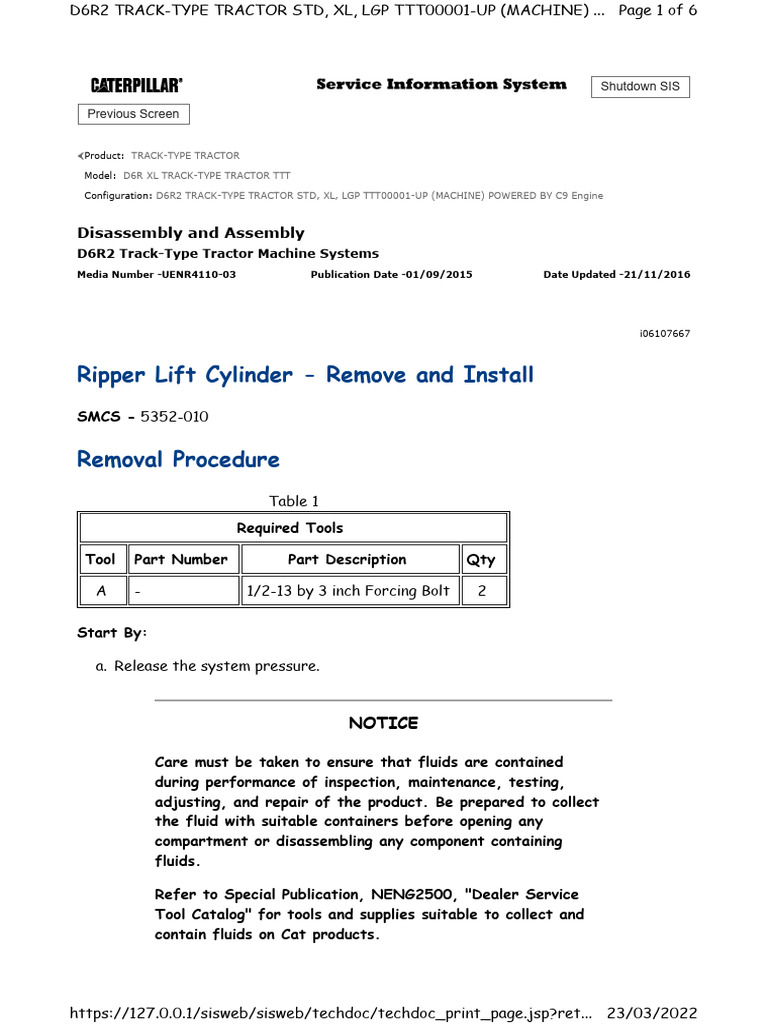 Ripper Lift Cylinder - Remove and Install | PDF | Tractor | Mechanical Engineering