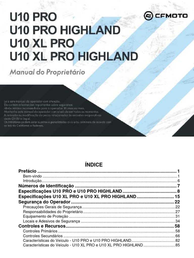 Manual U10 Pro - U10 Pro Highland e XL | PDF | Motores | Monóxido de carbono