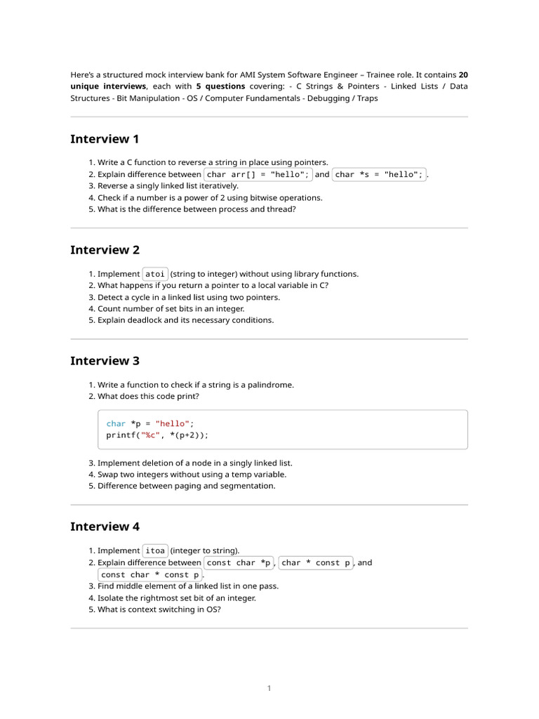AMI Software Engineer Mock Interviews | PDF | Pointer (Computer ...