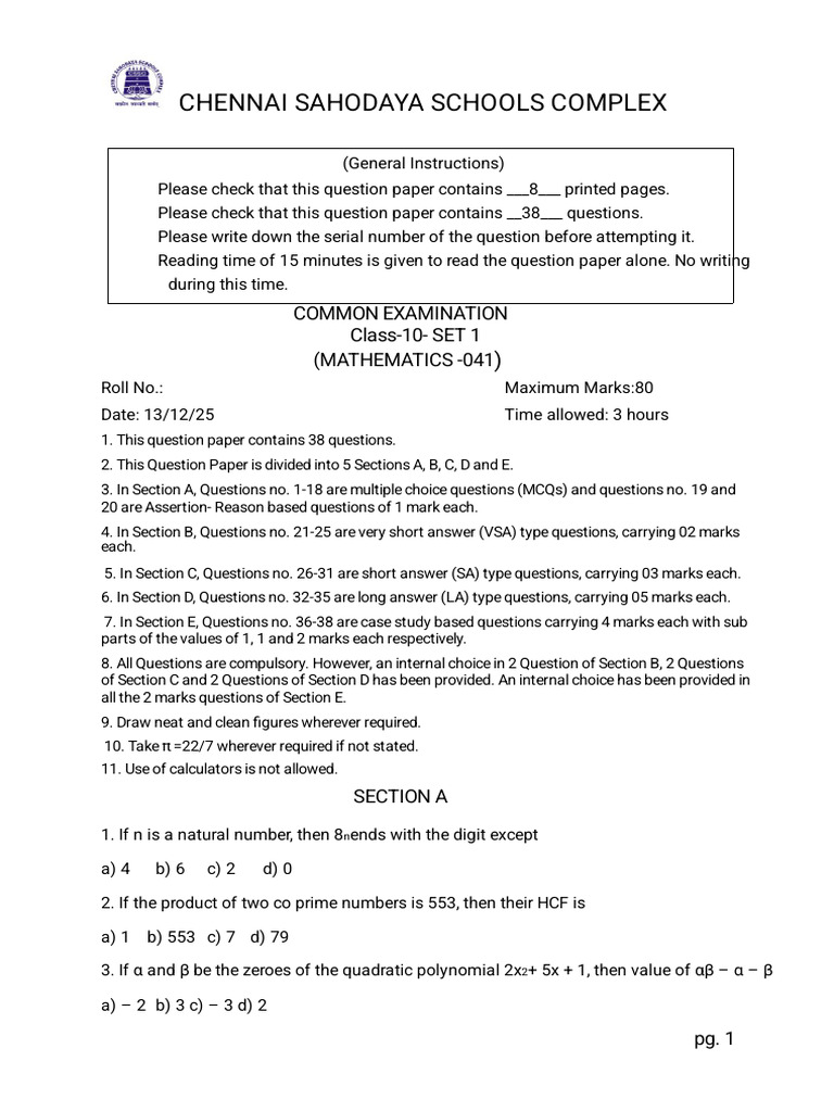 Cssc Set 1 - Mathematics Standard - Qp(1) | PDF | Circle | Area