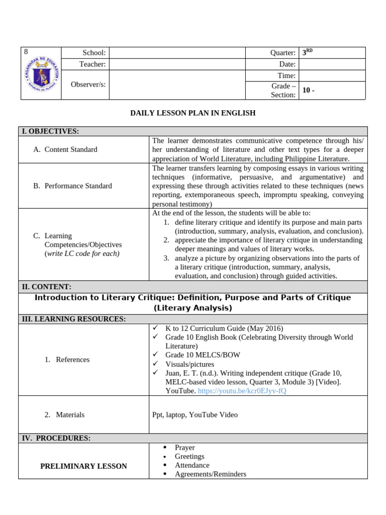 Semi-Detailed LP (Introduction to Literary Critique Definition, Purpose ...