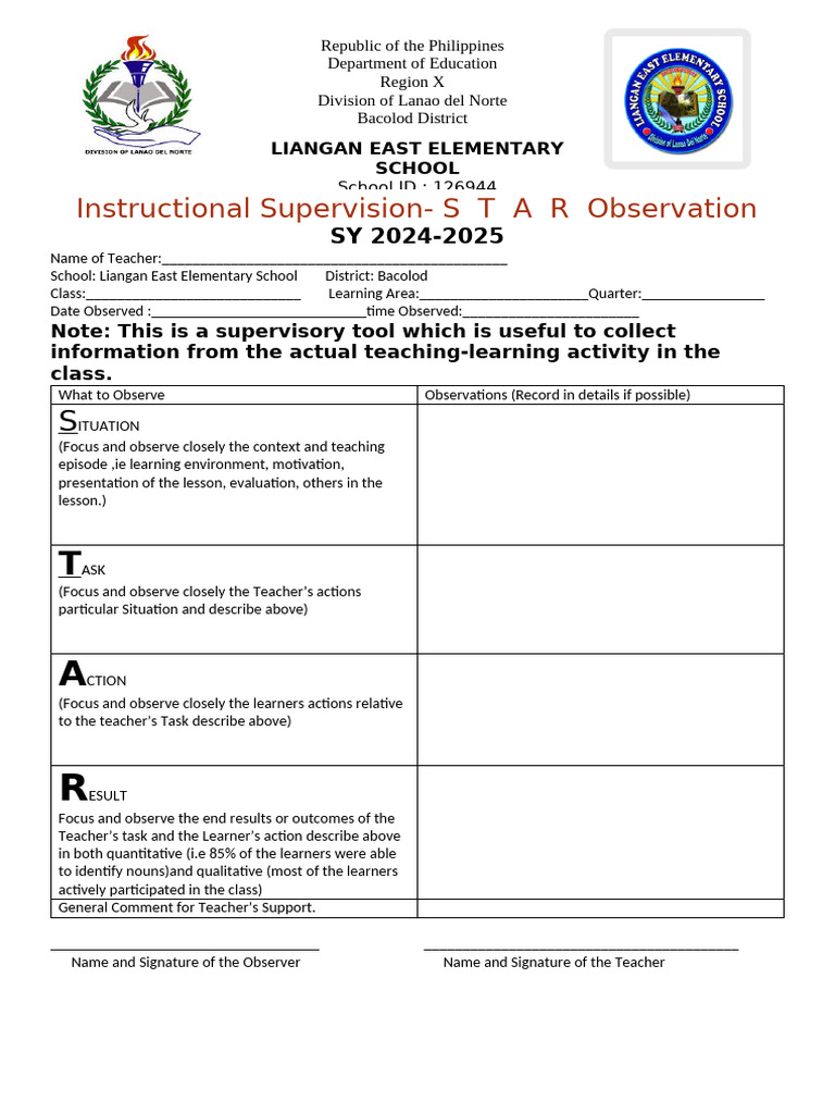 STAR Observation Tool for Teachers | PDF