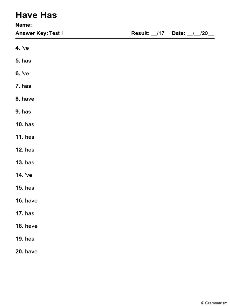 Grammarism Have Has Test 1 Answers 2969130 | PDF