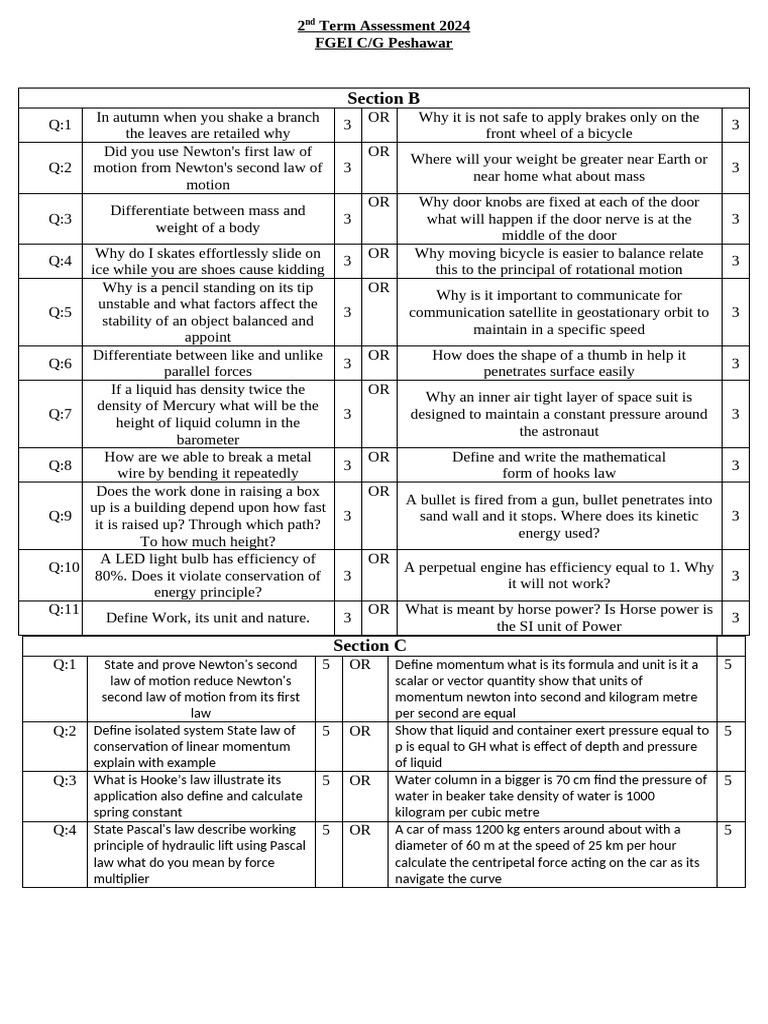 2024 2nd Term Physics Assessment Guide | PDF | Pressure | Momentum
