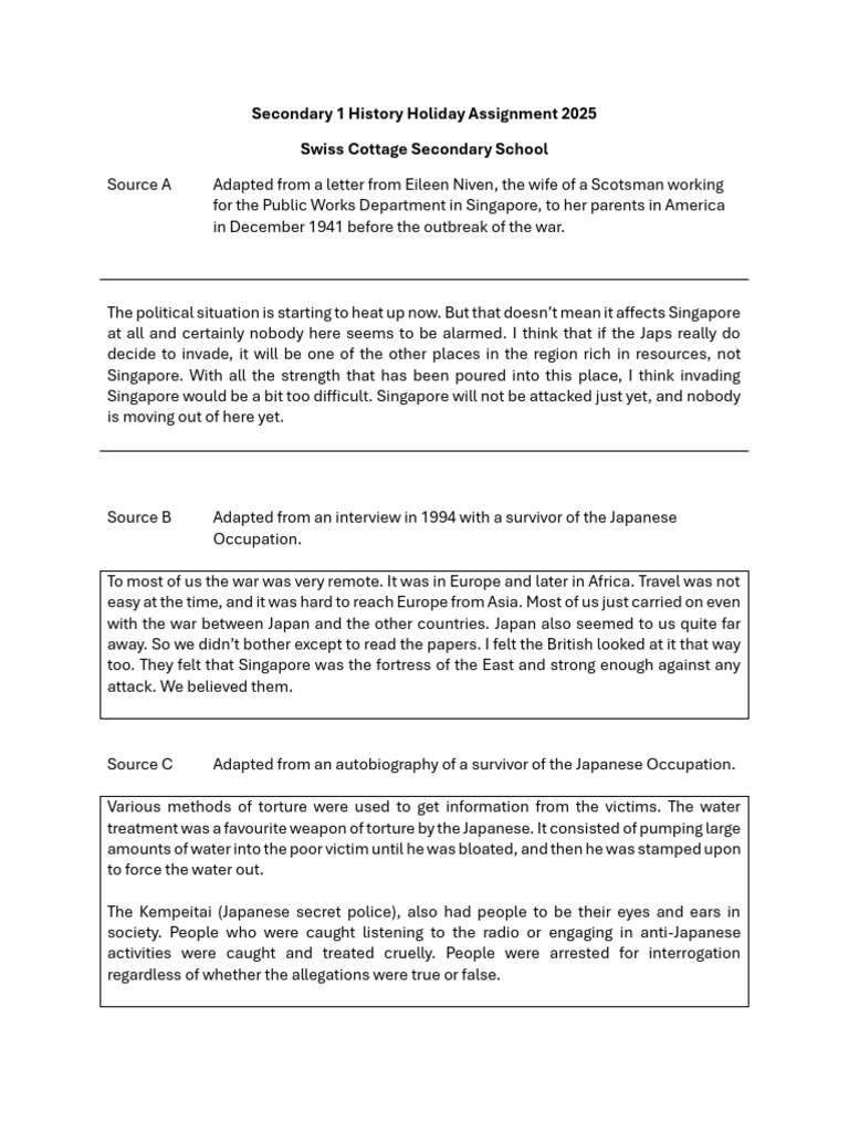 Secondary 1 History Holiday Assignment 2025 | PDF