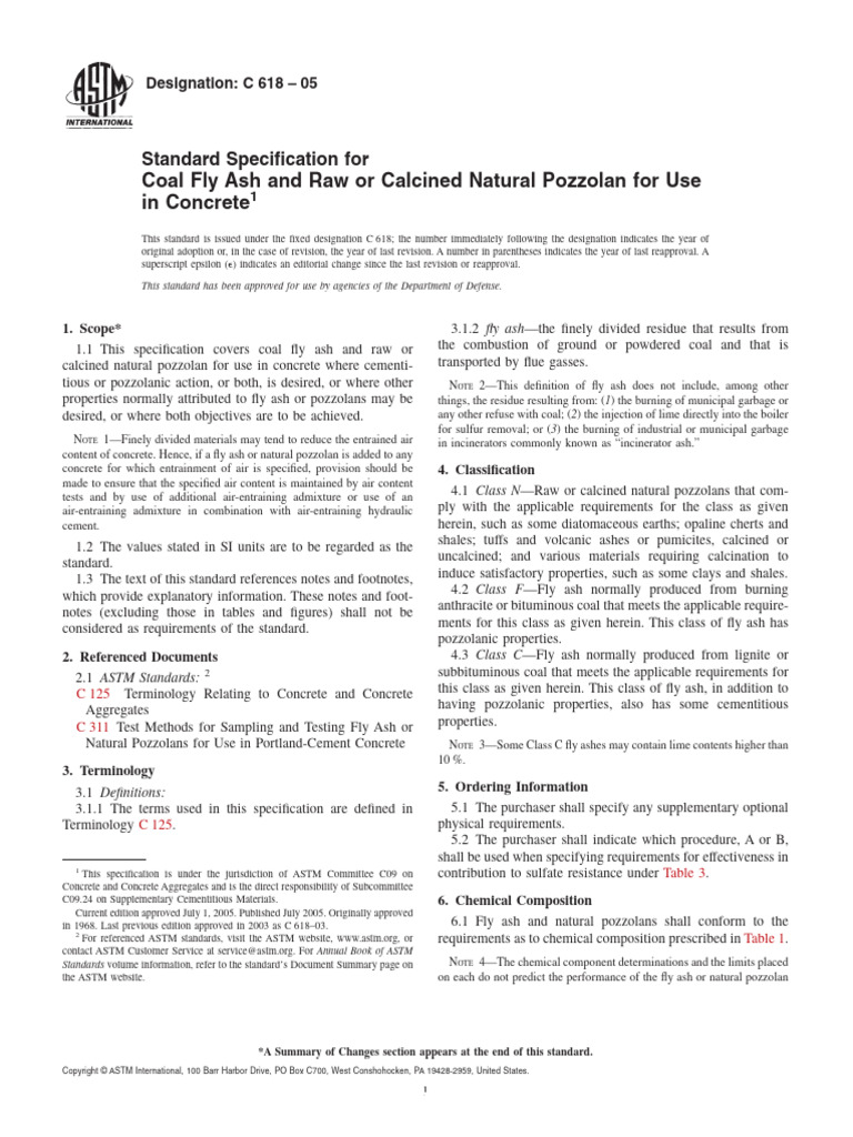 ASTM C 618: Coal Fly Ash Specification | PDF | Concrete | Cement