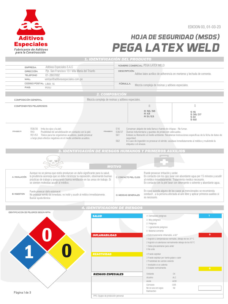 HS Pega Latex Weld_copia | PDF | Agua | Dióxido de carbono