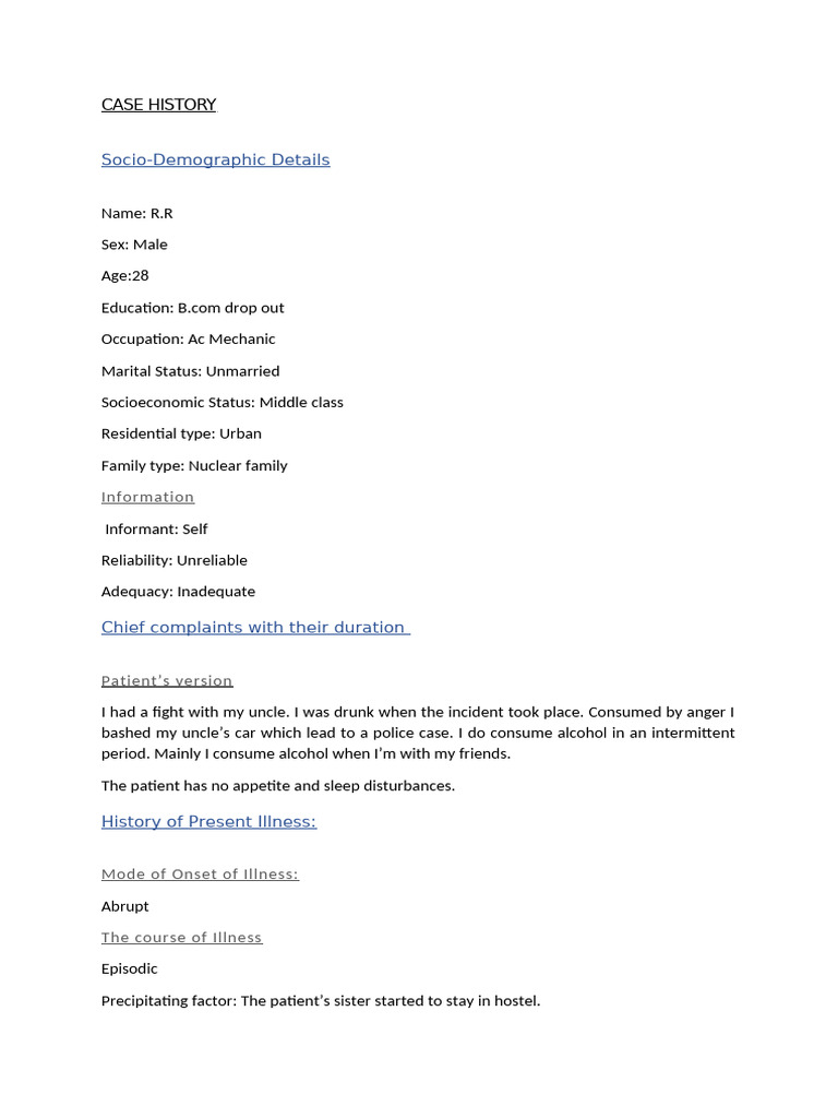 Case History.alcohol Dependence[1] | PDF | Behavioural Sciences | Human Diseases And Disorders