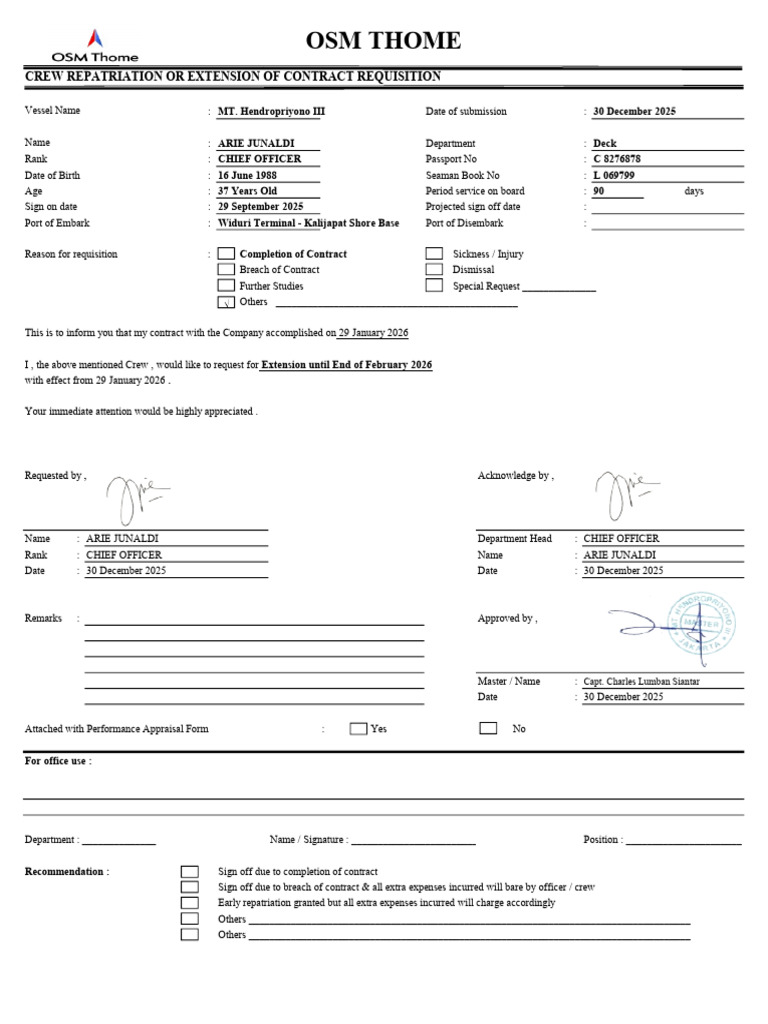 Crew Repatriation or Extension of Contract Requisition - CO Arie ...