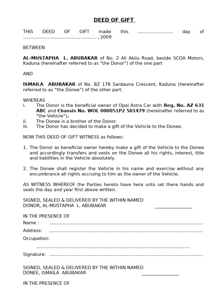 Vehicle Gift Deed Between Brothers | PDF