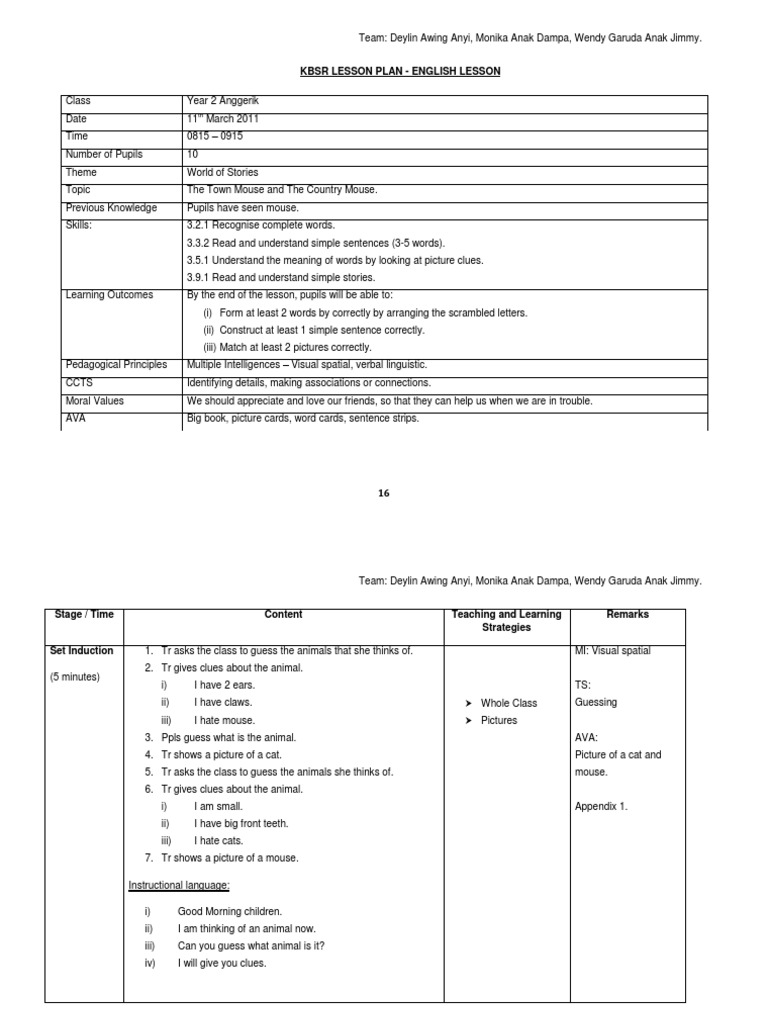 Town Mouse and Country Mouse Lesson Plan | PDF | Reading (Process ...