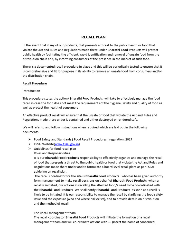 recall plan - brathi | PDF | Safety