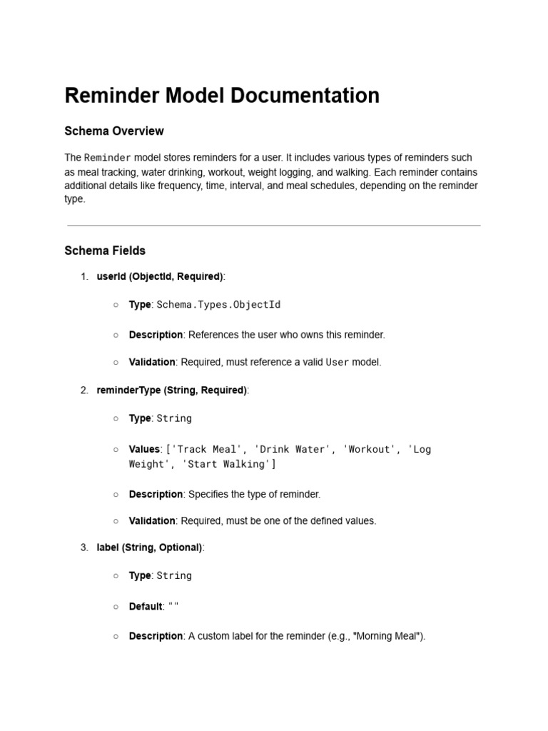 User Reminder Model Schema Overview | PDF | Lunch | Xml Schema