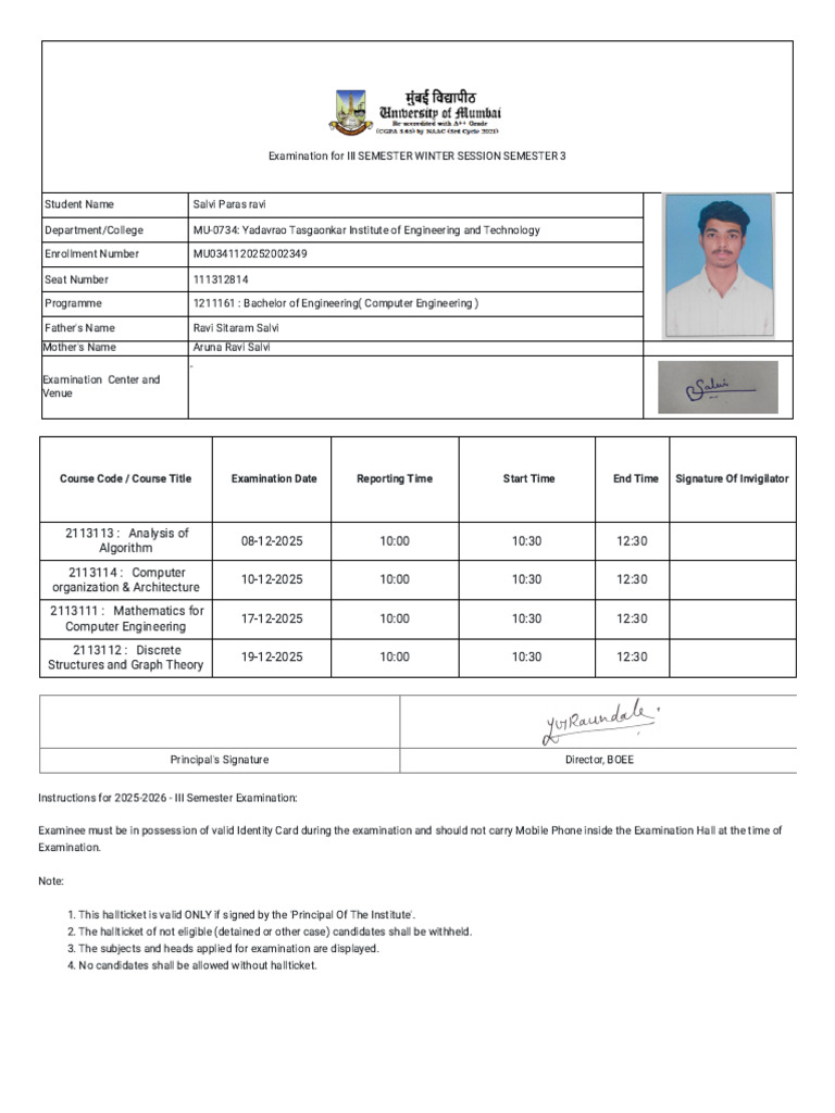III Semester Winter Exam Hall Ticket 2025 | PDF