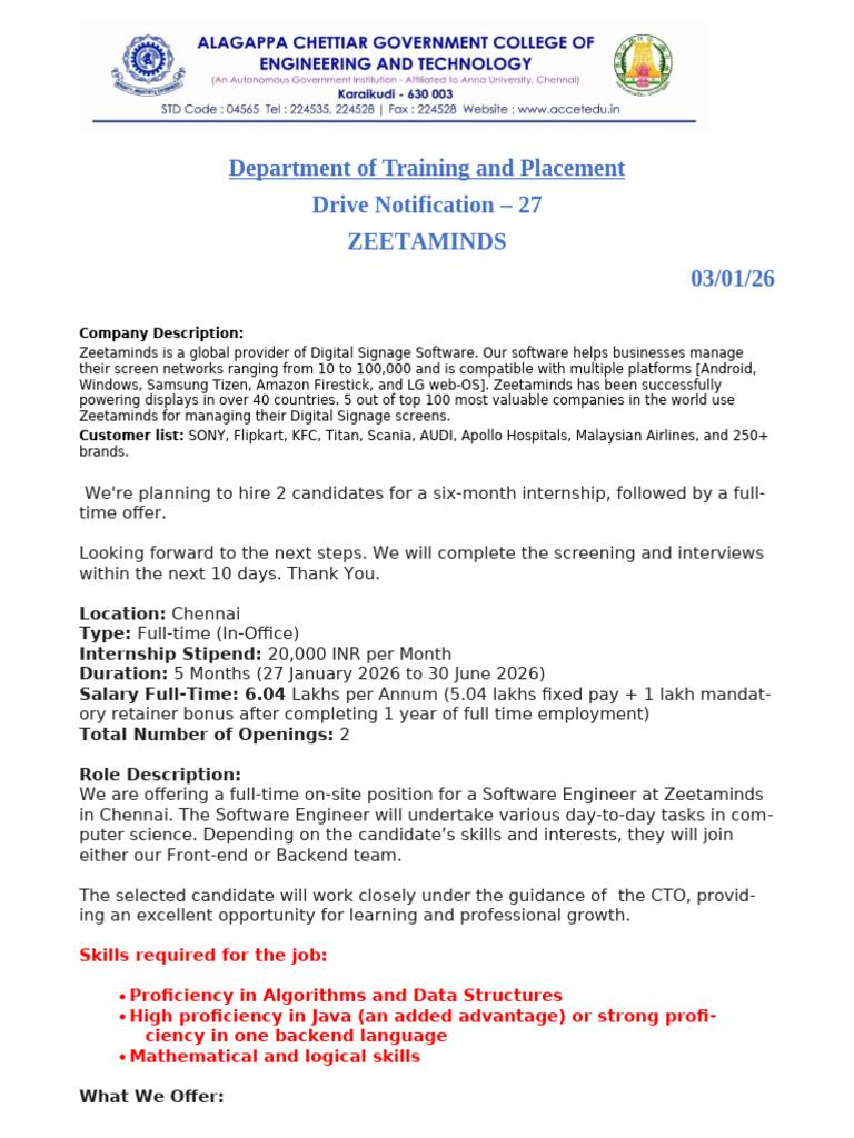 Zeetaminds Software Developer Hiring 2026 Batch | PDF | Computing