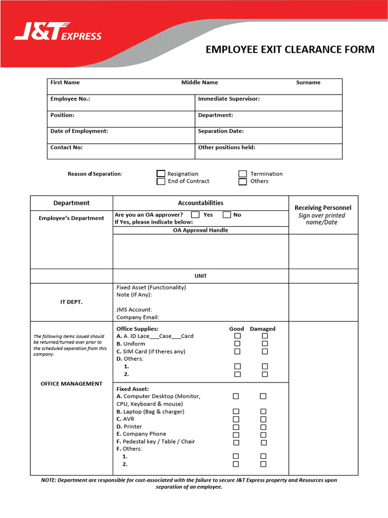 Employee Exit Clearance Form Template | PDF | Computer Engineering ...