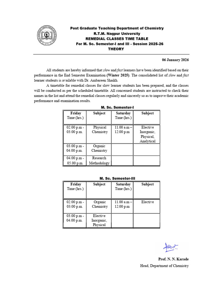 Remedial Class Time Table | PDF