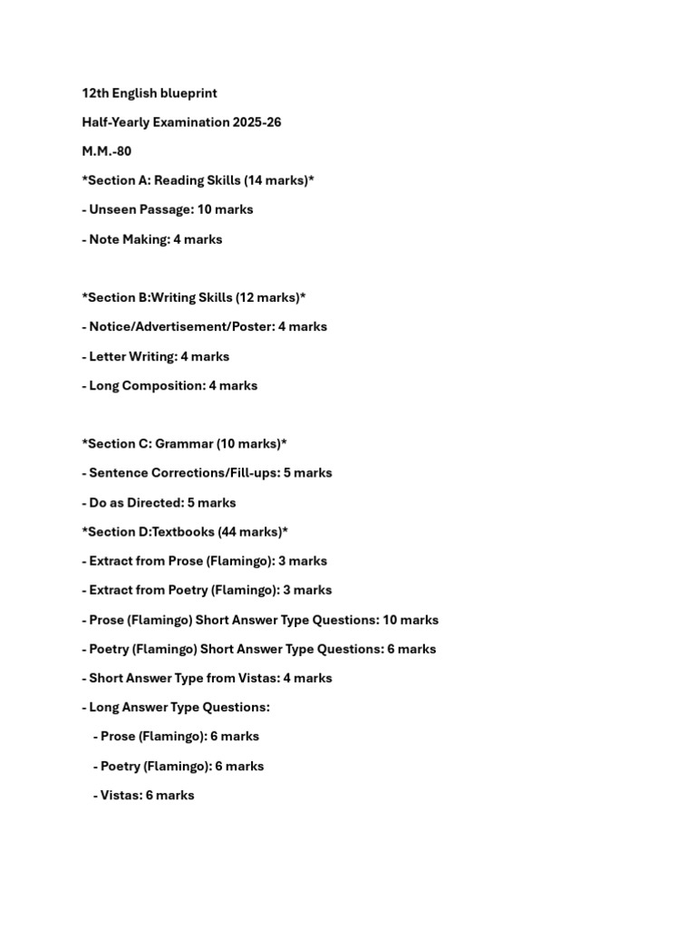 12th English Half-Yearly Exam Blueprint | PDF