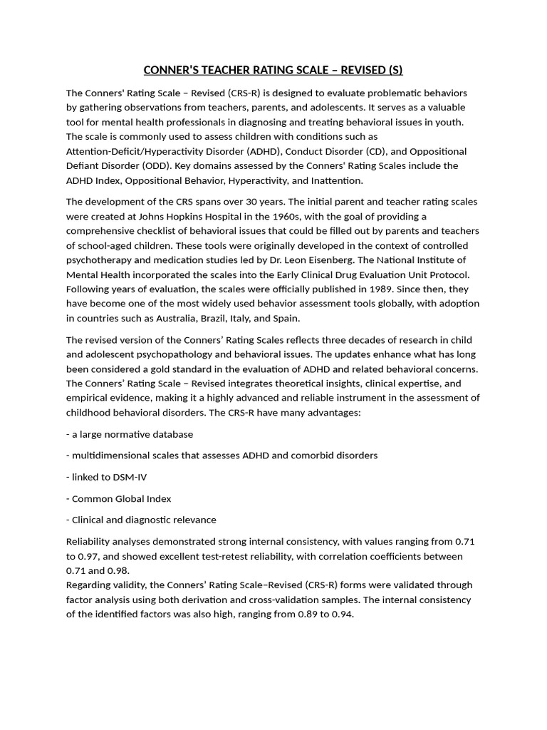 Conners' Teacher Rating Scale Overview | PDF | Attention Deficit ...