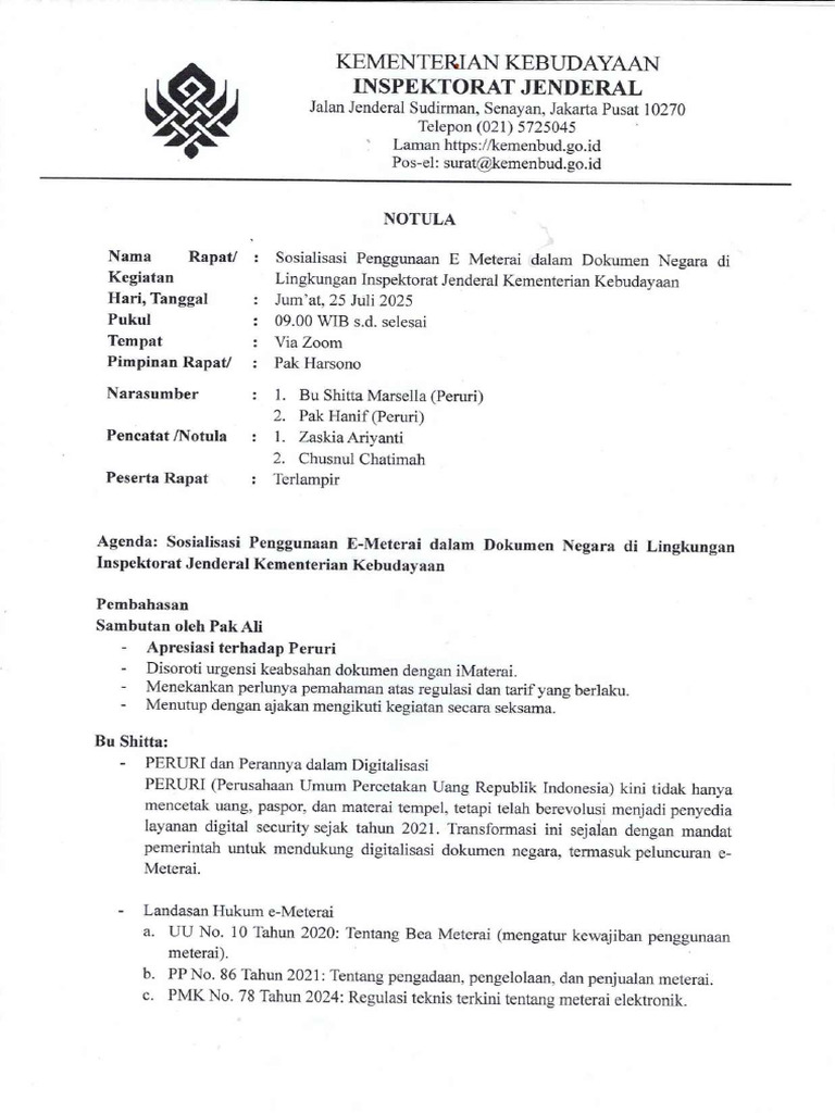 Notula Sosialisasi E-meterai 25072025 | PDF