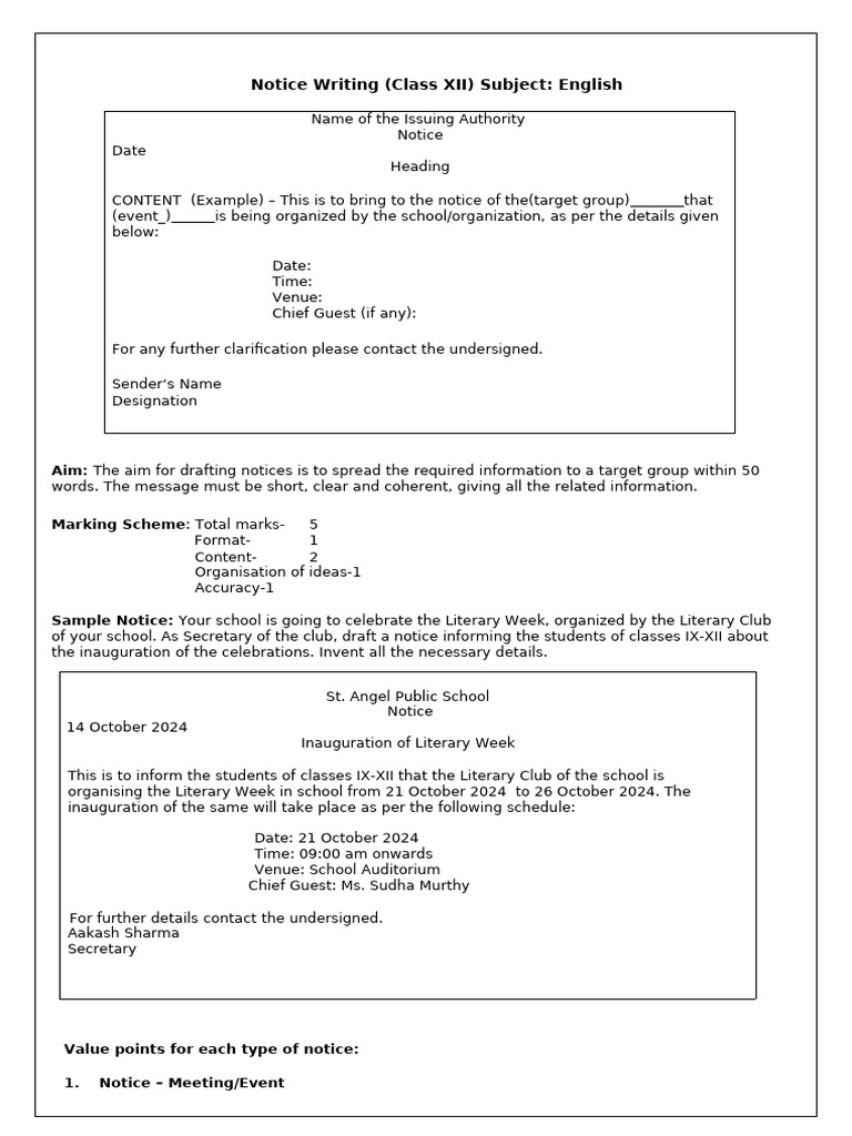 Notice Writing Handout and Assignment Class XII (1) | PDF