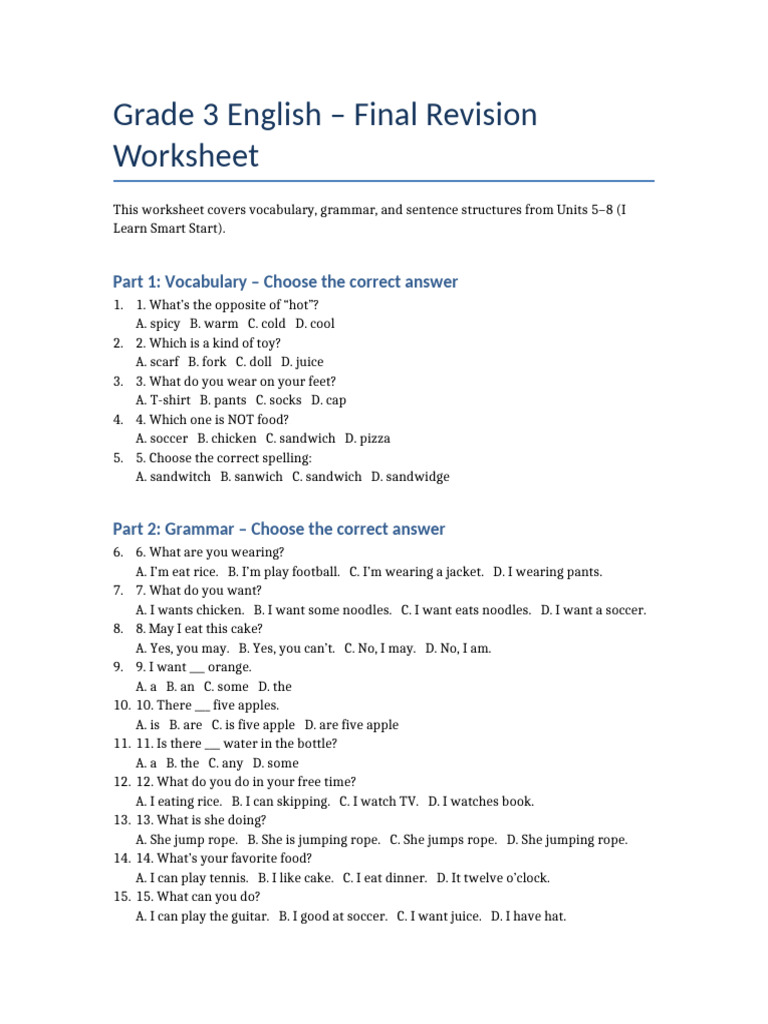 Grade3 English Final Revision Worksheet Expanded | PDF