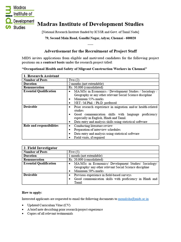 Advertisement MIDS-STRP Project Staff Recruitment | PDF | Social Sciences