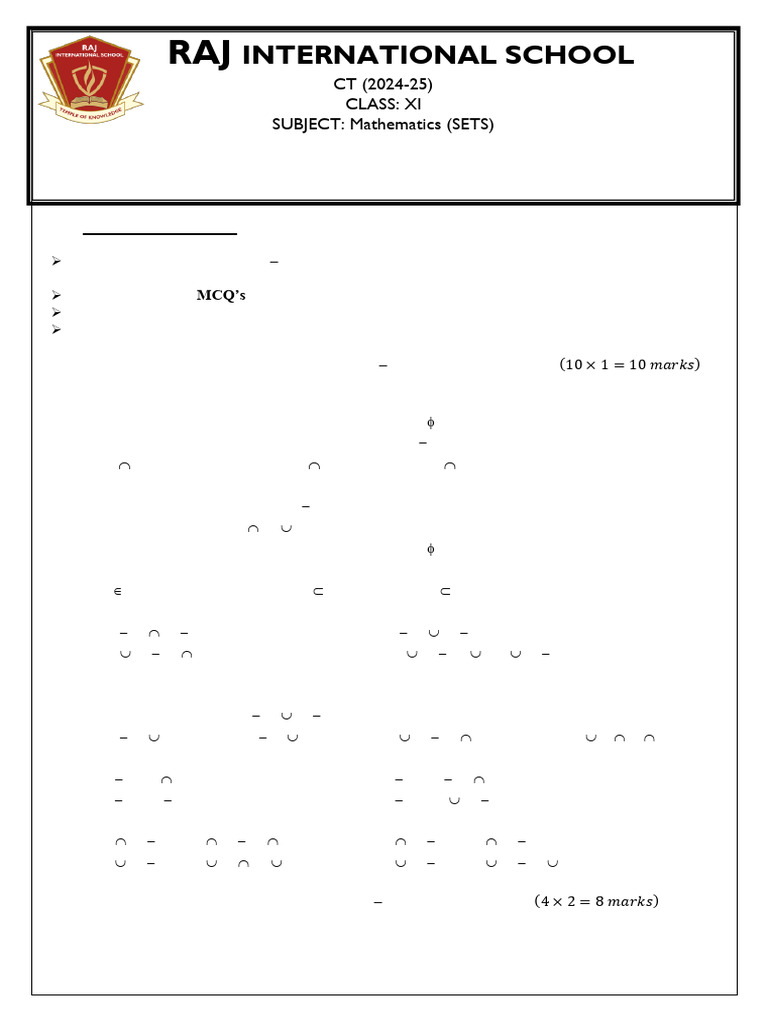 CT SELF SETS XI Class Mathematics - 30 Marks 29 APRIL 2024 - Copy | PDF ...