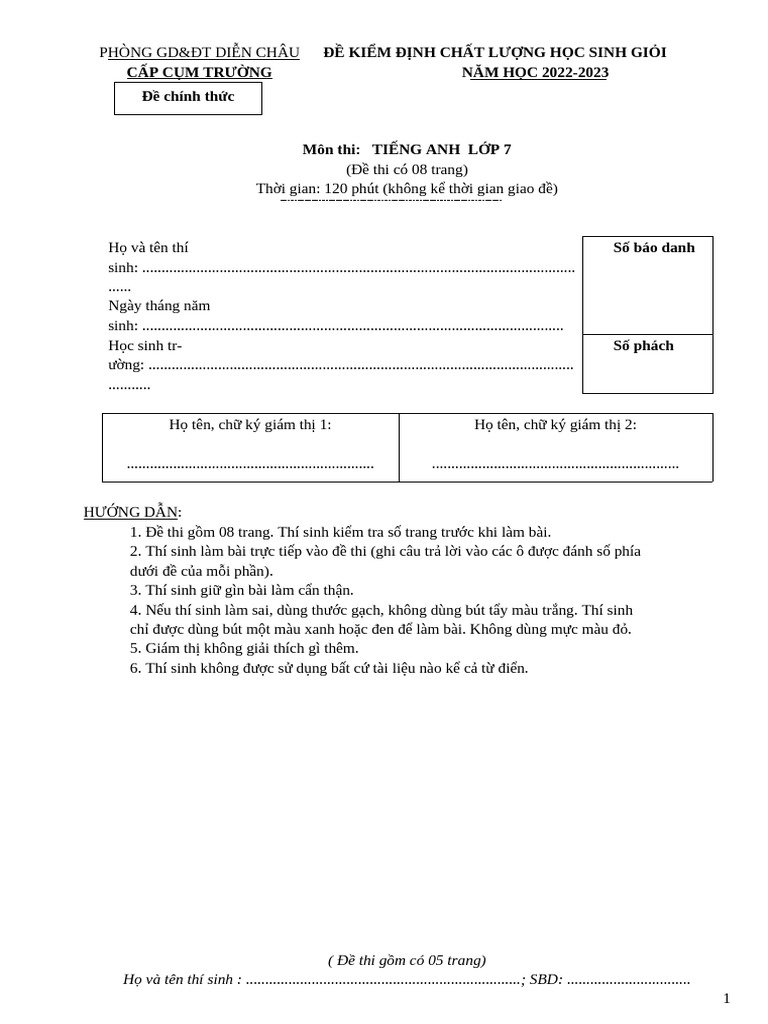 Đề Học Sinh Giỏi Anh 7 2022 - 2023 | PDF | Mark Twain