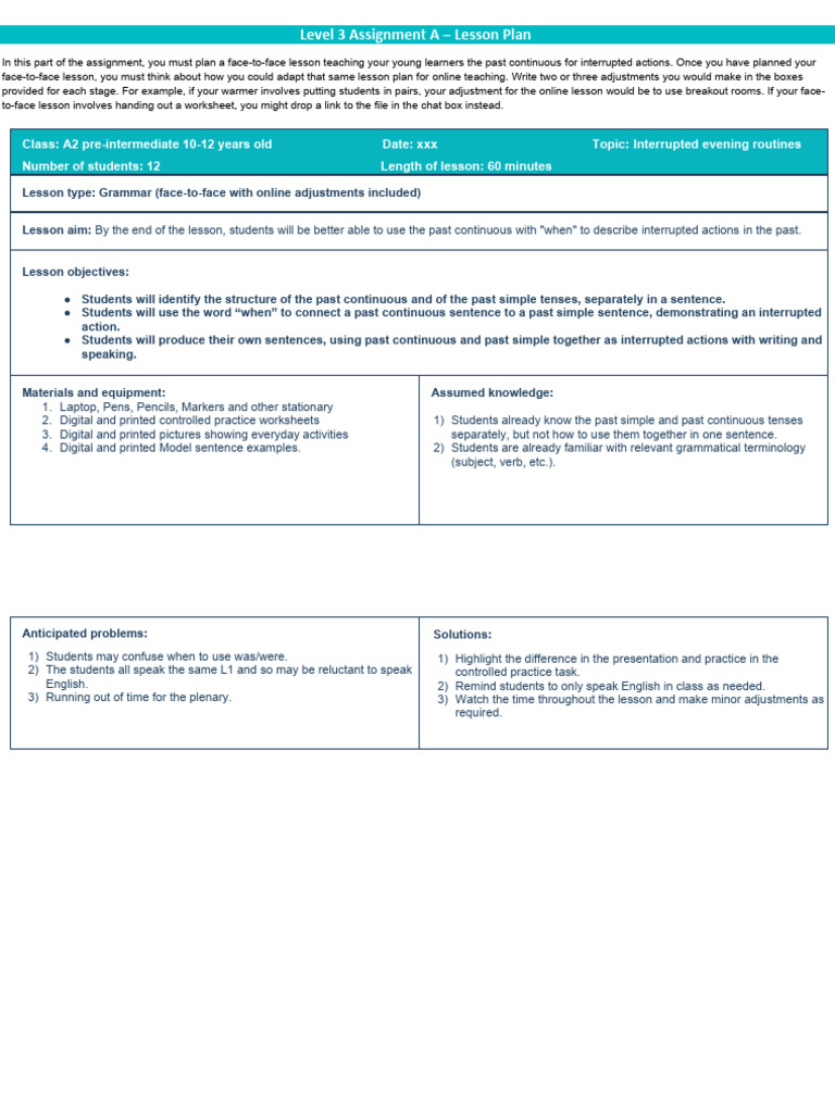 Past Continuous Lesson Plan for Kids | PDF | Second Language | Lesson Plan