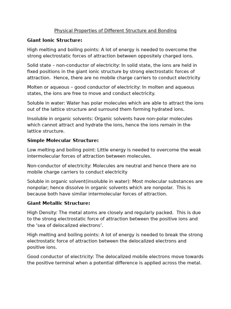 Physical Properties of Different Structure and Bonding | PDF | Ion ...
