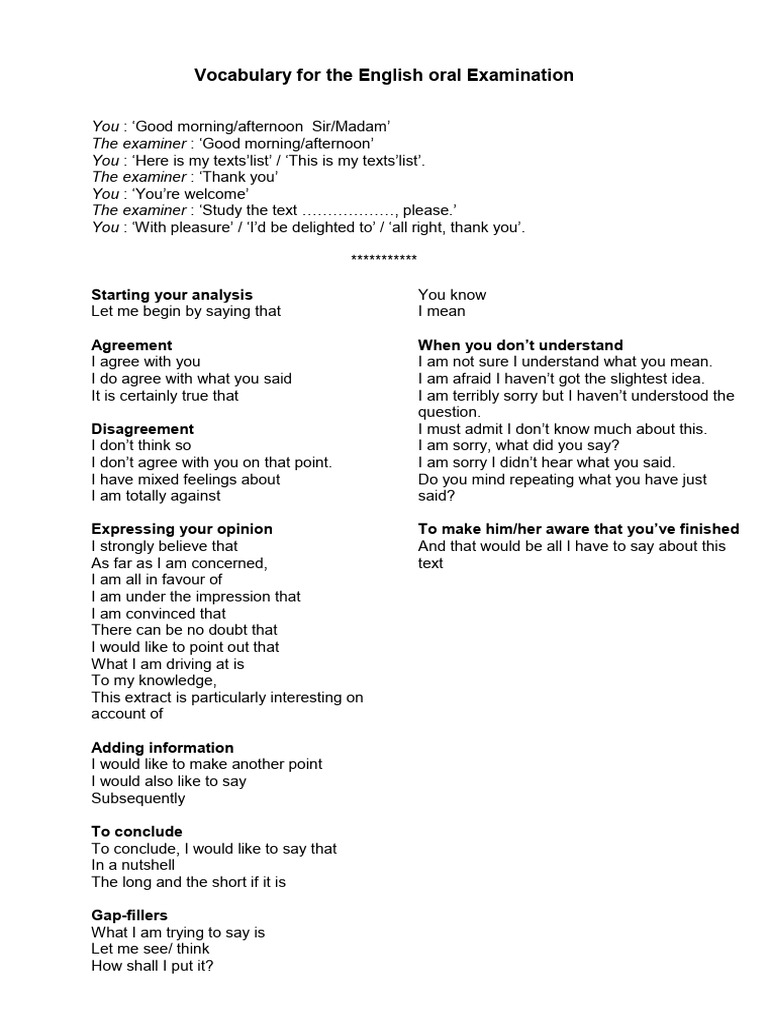 English Oral Exam Vocabulary Guide | PDF