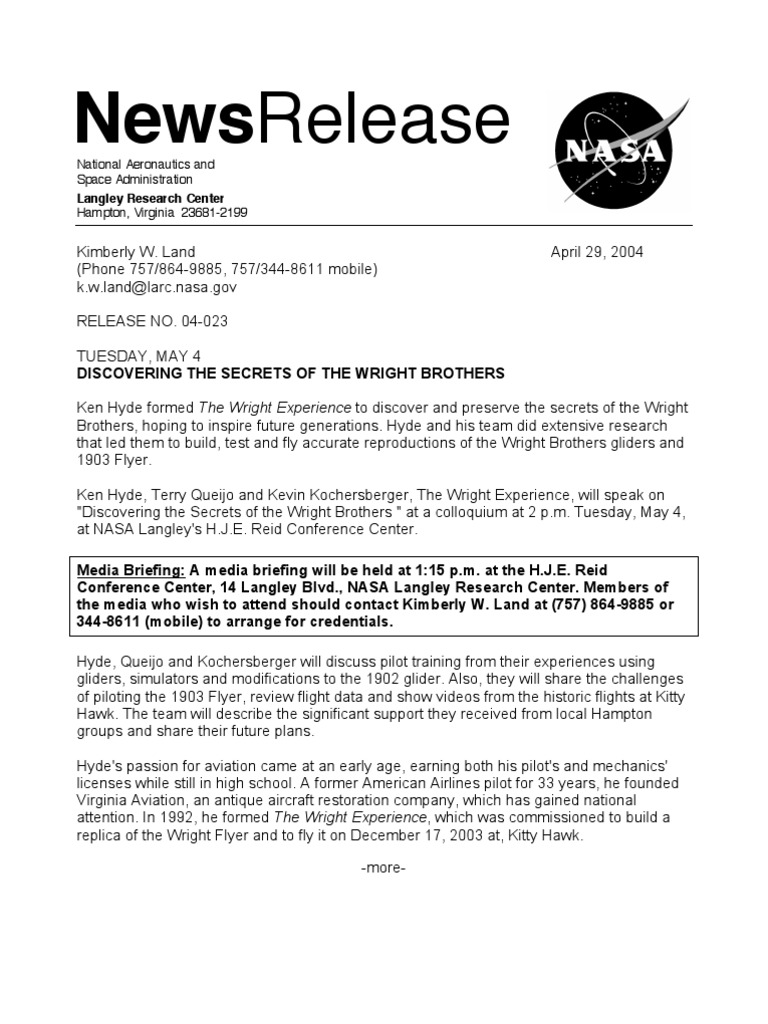 NASA: 71346main 04-023 | PDF | Wright Flyer | Wright Brothers