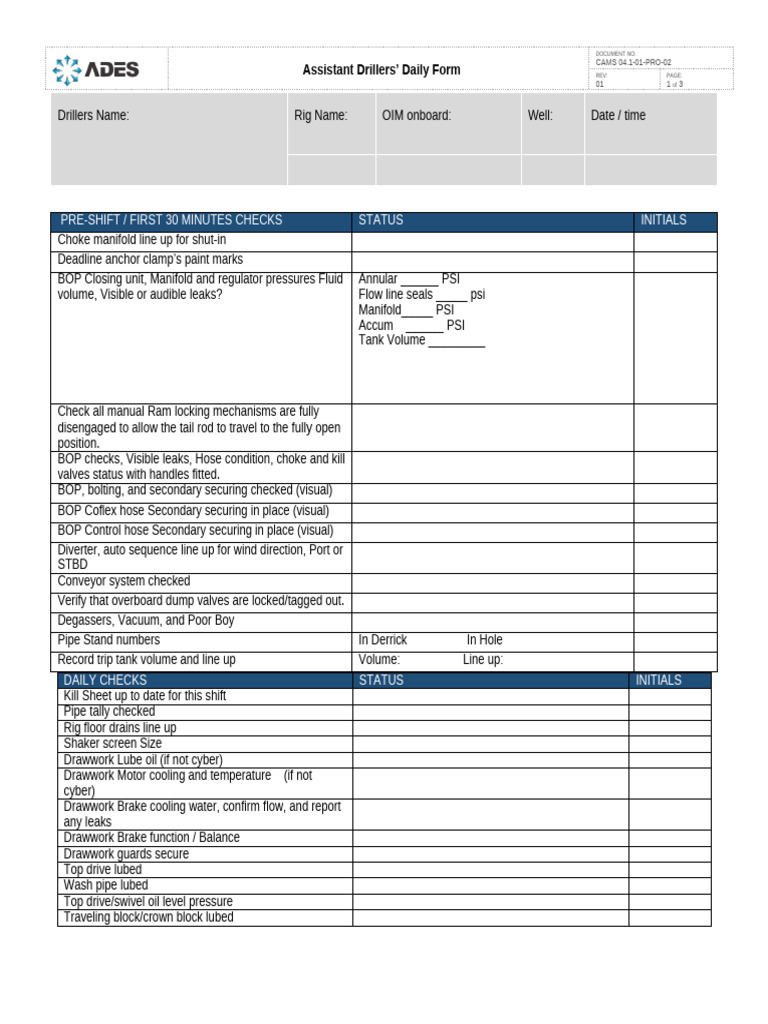 Cams 04.1-01-Pro-02 - Assistant Drillers Daily Form | PDF | Valve | Pump