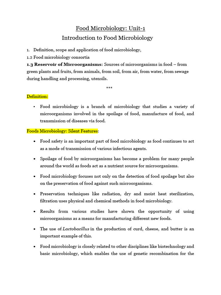 Food Microbiology Unit 1 | PDF | Yeast | Microorganism