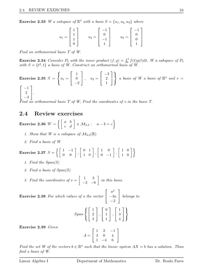 Linear Algebra Review Exercises | PDF | Basis (Linear Algebra ...