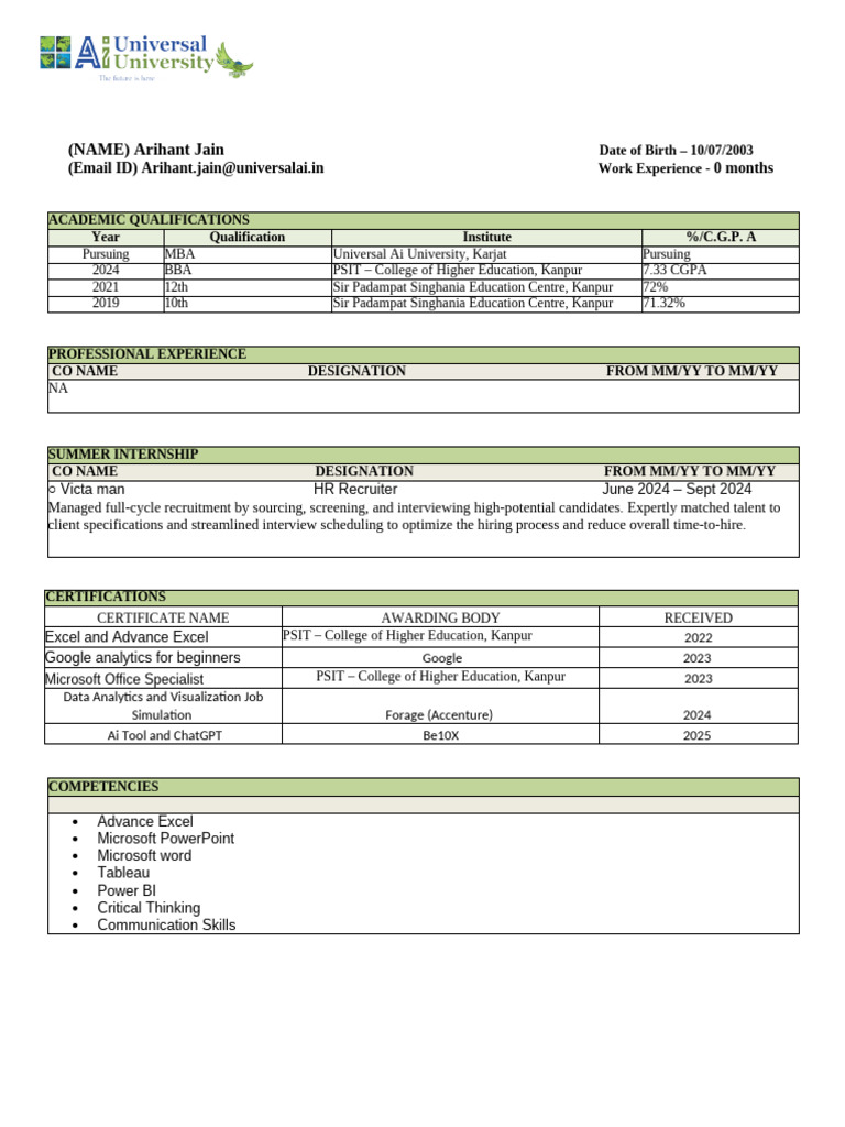 MBA Internship Resume Template_UAI_2025 | PDF | Computing | Microsoft