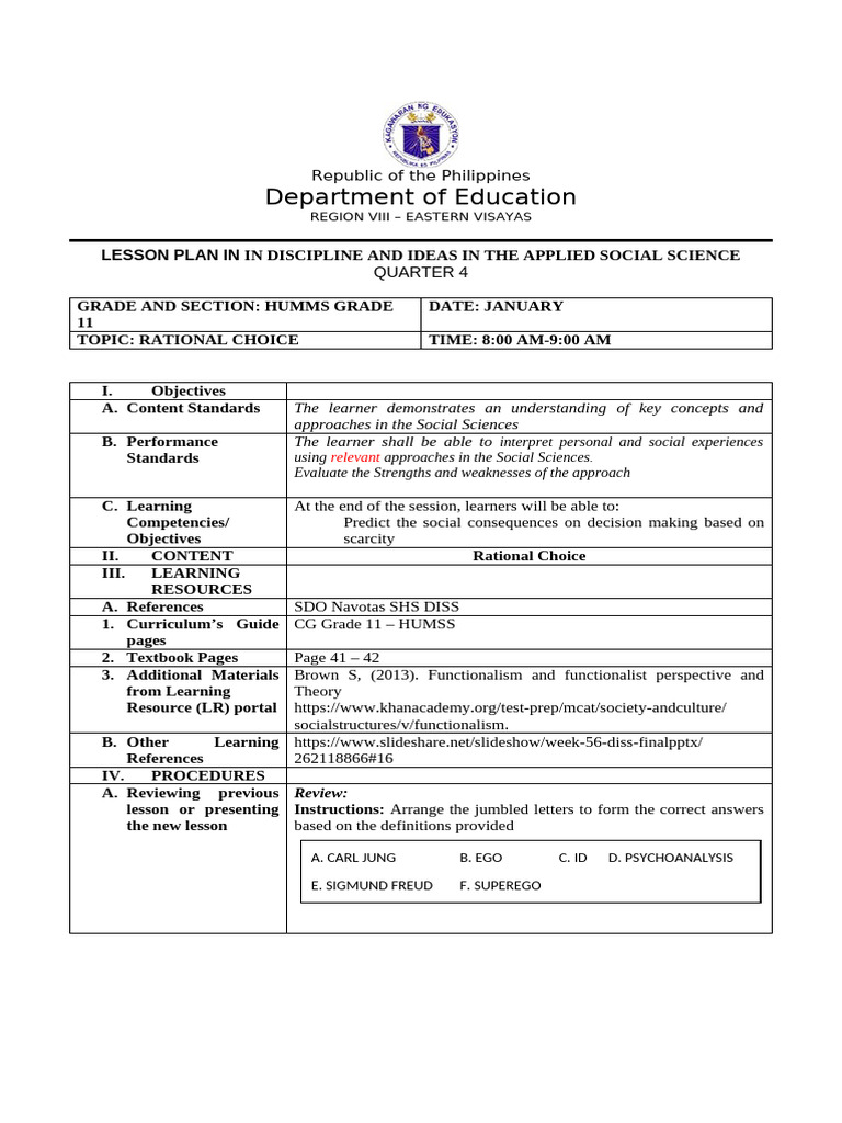 Lesson Plan: Rational Choice in HUMSS | PDF | Rationality | Utility