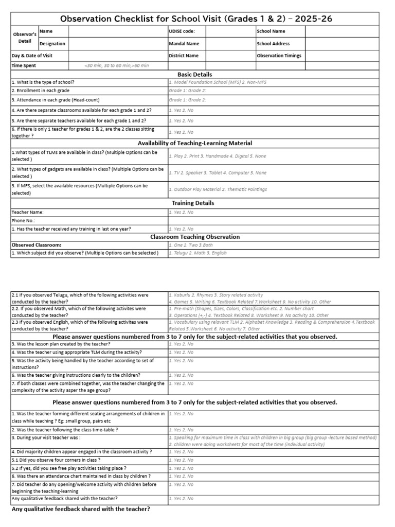 Observation Checklist for School Visit | PDF | Teachers | Learning