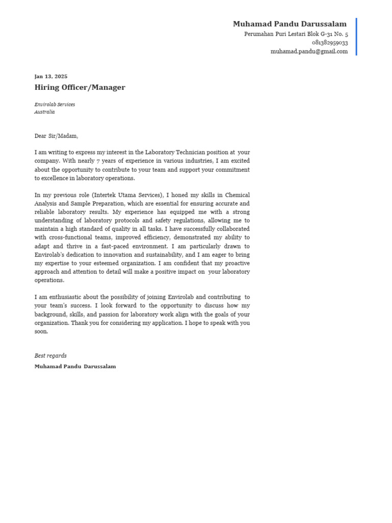 Laboratory Technician Application Letter | PDF