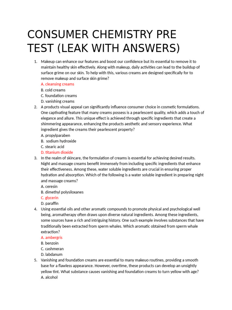 Consumer Chemistry Pre-Test with Answers | PDF | Detergent | Steel