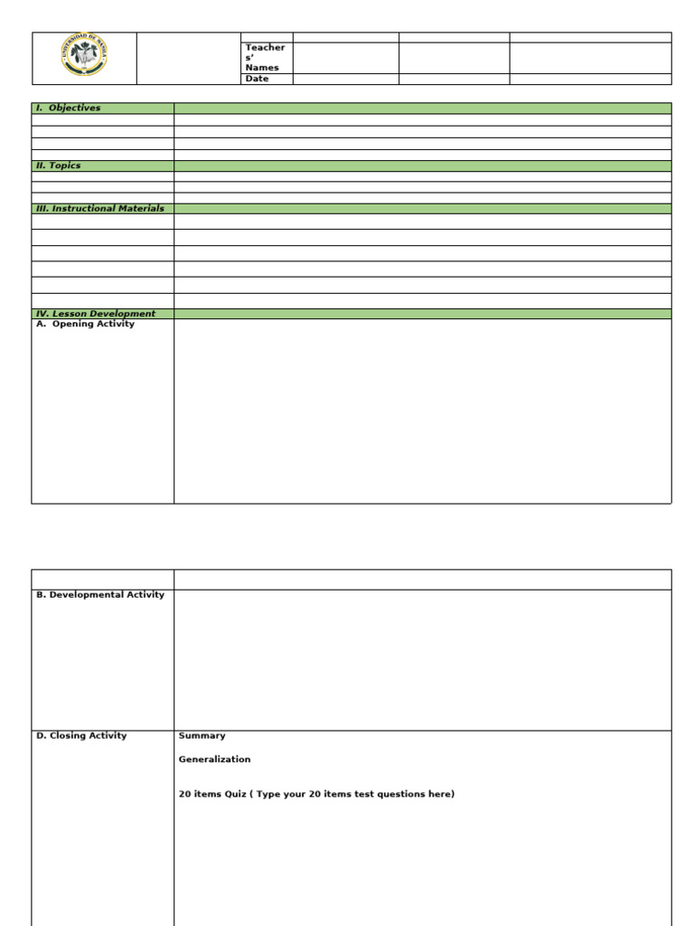 Lesson Plan Template for Teachers | PDF